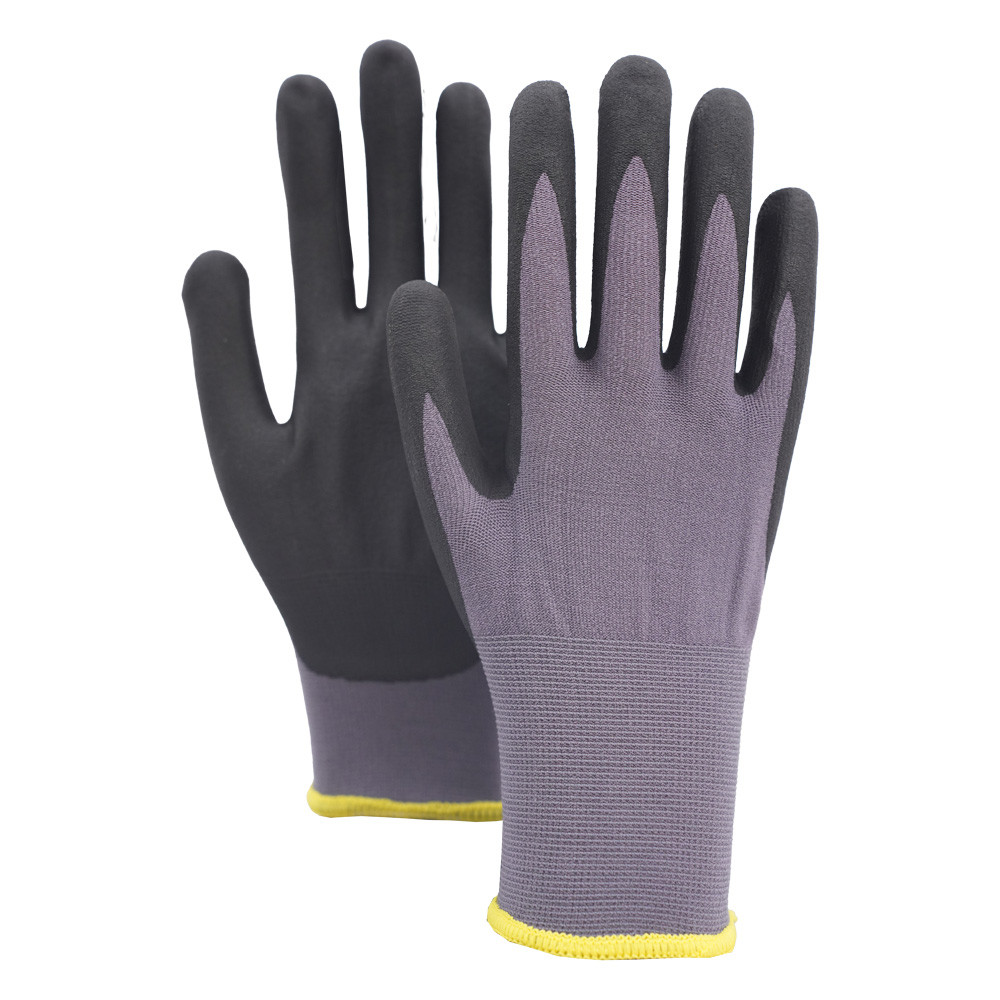 Industrial 15 Gauge Gray Nylon Spandex Safety Gloves Black Nitrile Coating Anti Slip Gloves