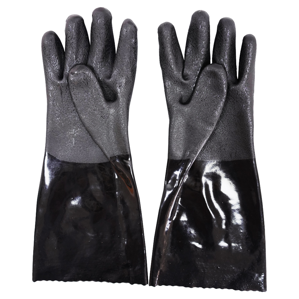 Triple Dipped PVC Chemical Safety Gloves Black Textured Grip Cotton ...